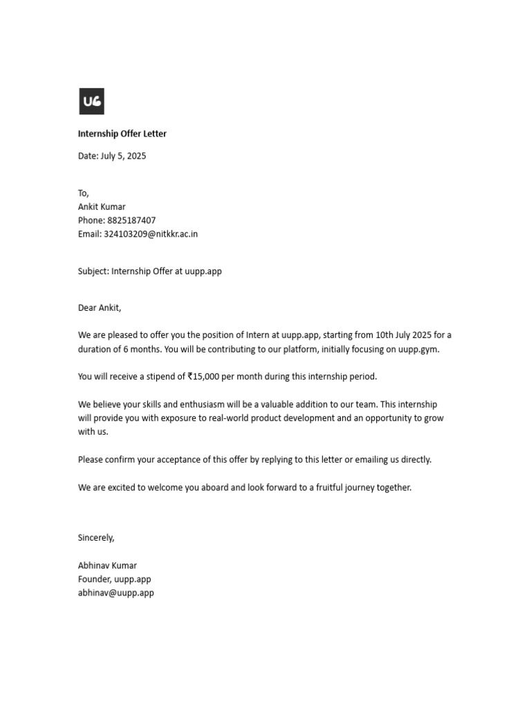 Internship Offer Letter Ankit Kumar | PDF