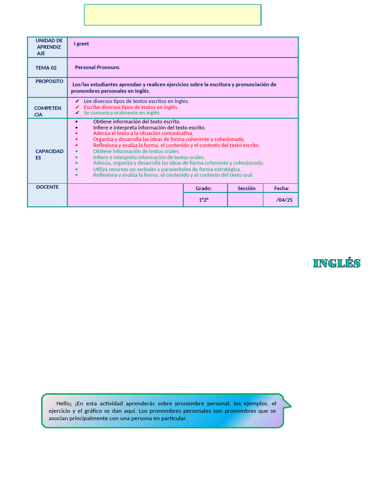Ficha de Actividad S3 (U1) Ciclo VI (1°2°) - 07 DE ABRIL 2025 | PDF | Pronombre | Adjetivo
