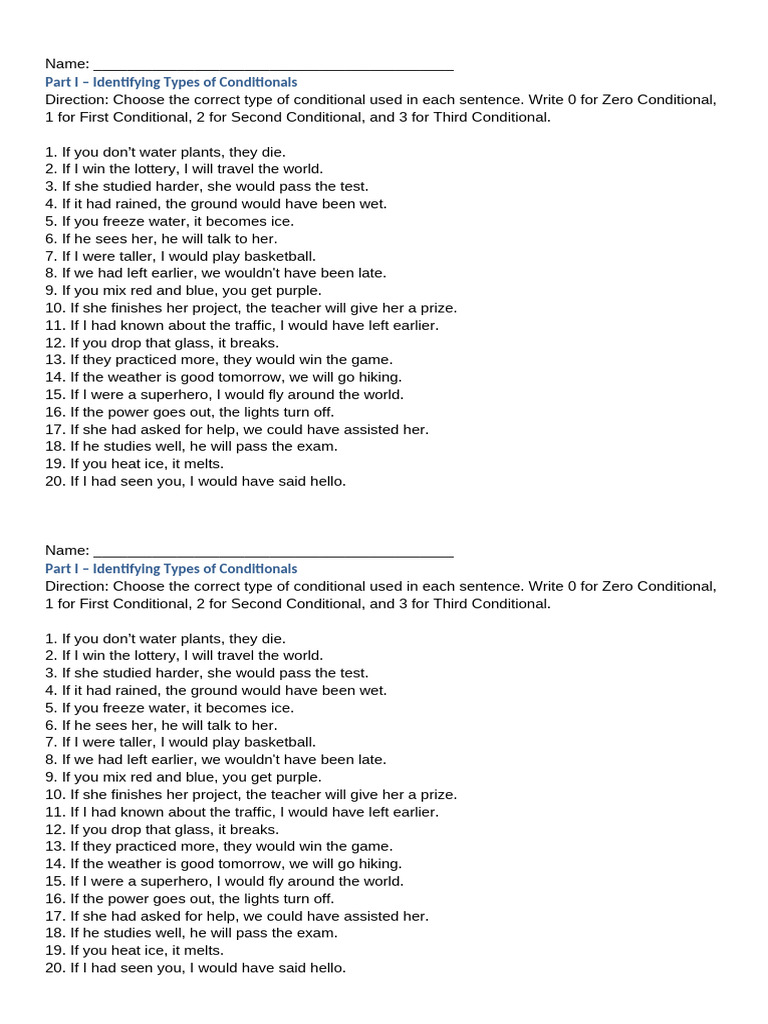 Conditional Sentences Quiz Worksheet | PDF | Chess Openings | Chess