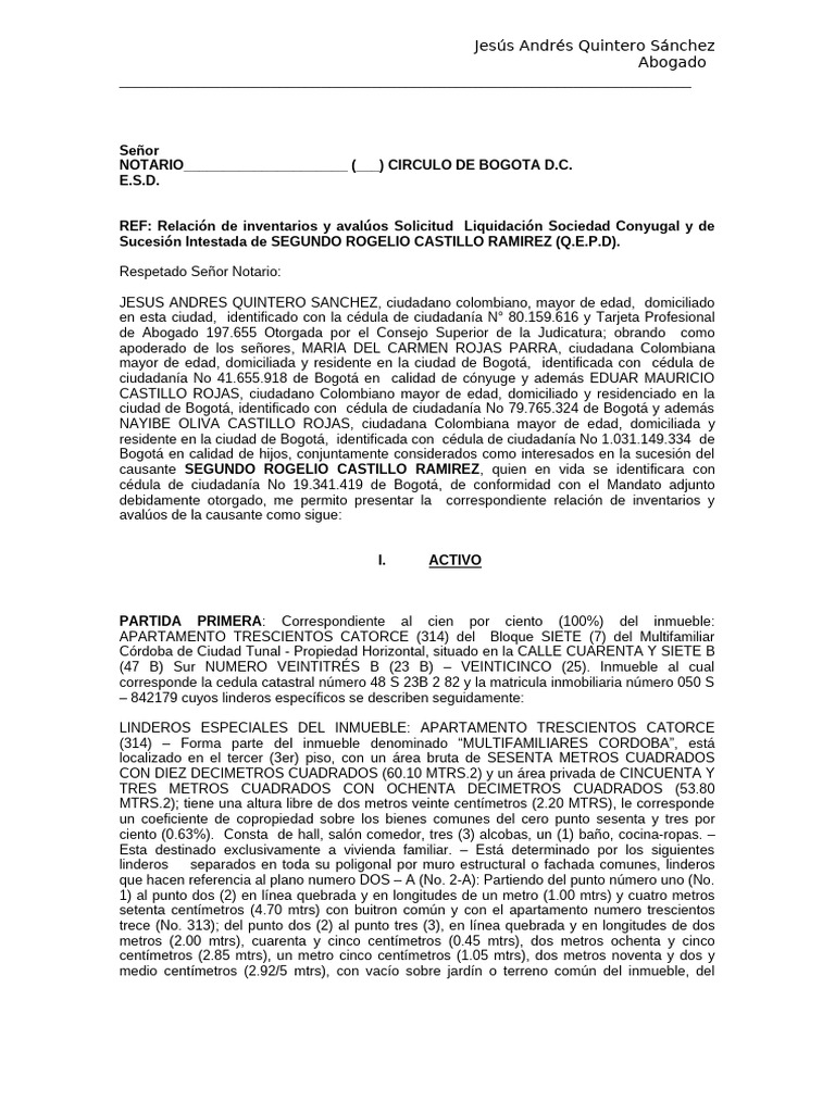 Relación de Inventarios y Avalúos Solicitud Liquidación Sociedad Conyugal y de Sucesión ...