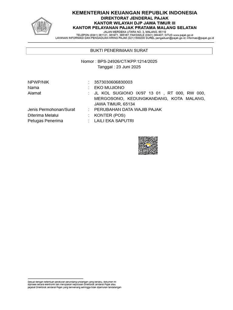 Bukti Penerimaan Surat Eko Mujiono | PDF