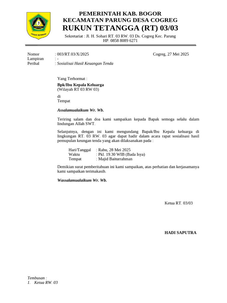 Surat Sosialisasi Hasil Rapat RT 03 | PDF
