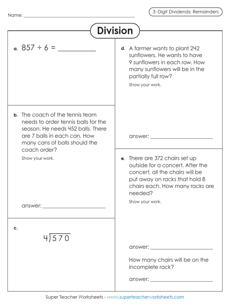 Division 3 Digit Dividends With Remainders Variety VDTRE | PDF