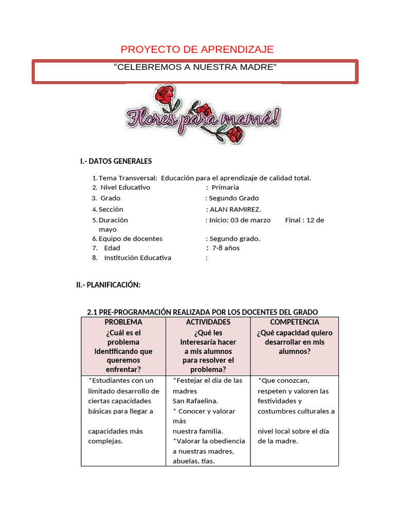2 Proyecto Día de La Madre | PDF | Maestros | Aprendizaje