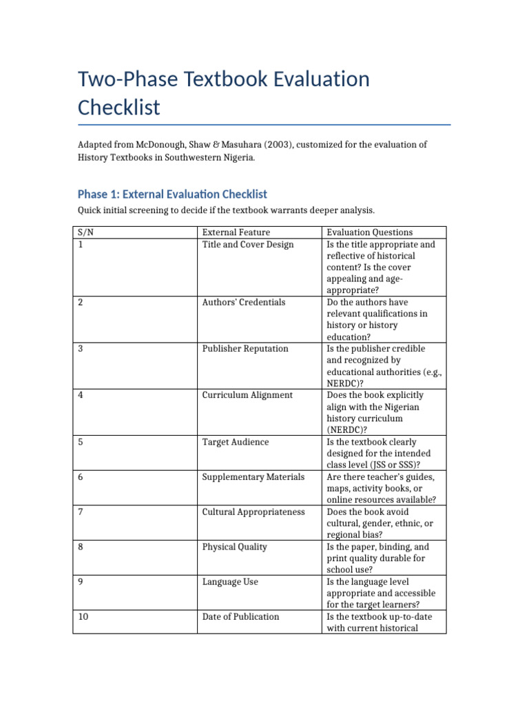 Two-Phase Textbook Evaluation Checklist History | PDF | Critical Thinking | Cognition
