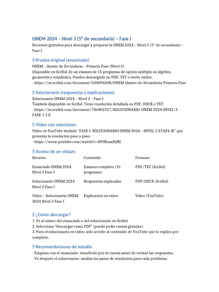 ONEM 2024 Nivel 3 Fase I Recursos | PDF