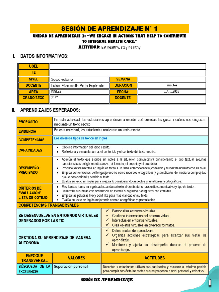 3°4° Ses Act 01-Ingles-U2 | PDF | Aprendizaje | Enseñando