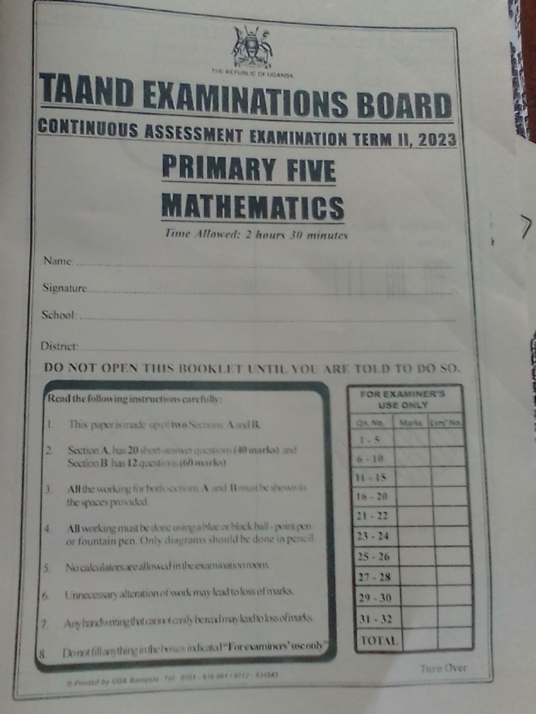 Primary Five TAAND EXAMINATION | PDF