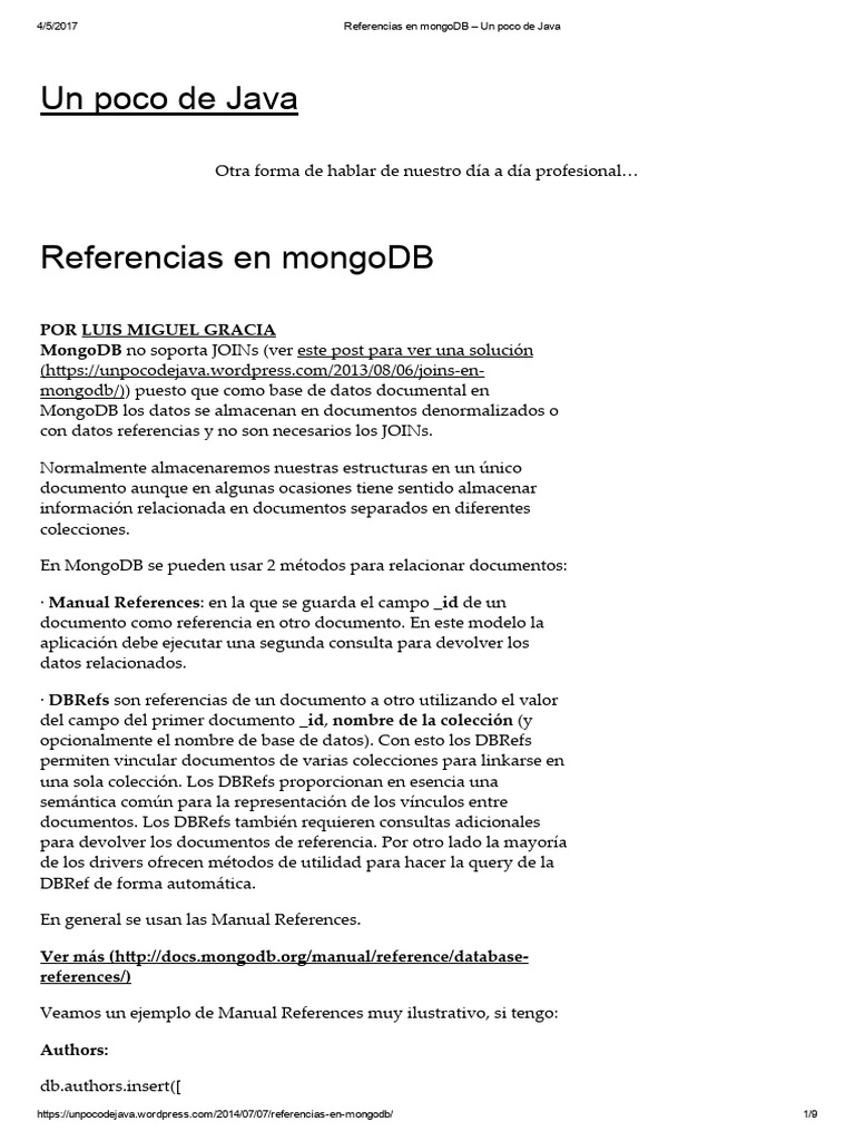Referencias en MongoDB - Un Poco de Java | PDF | Mongo Db | Bases de datos