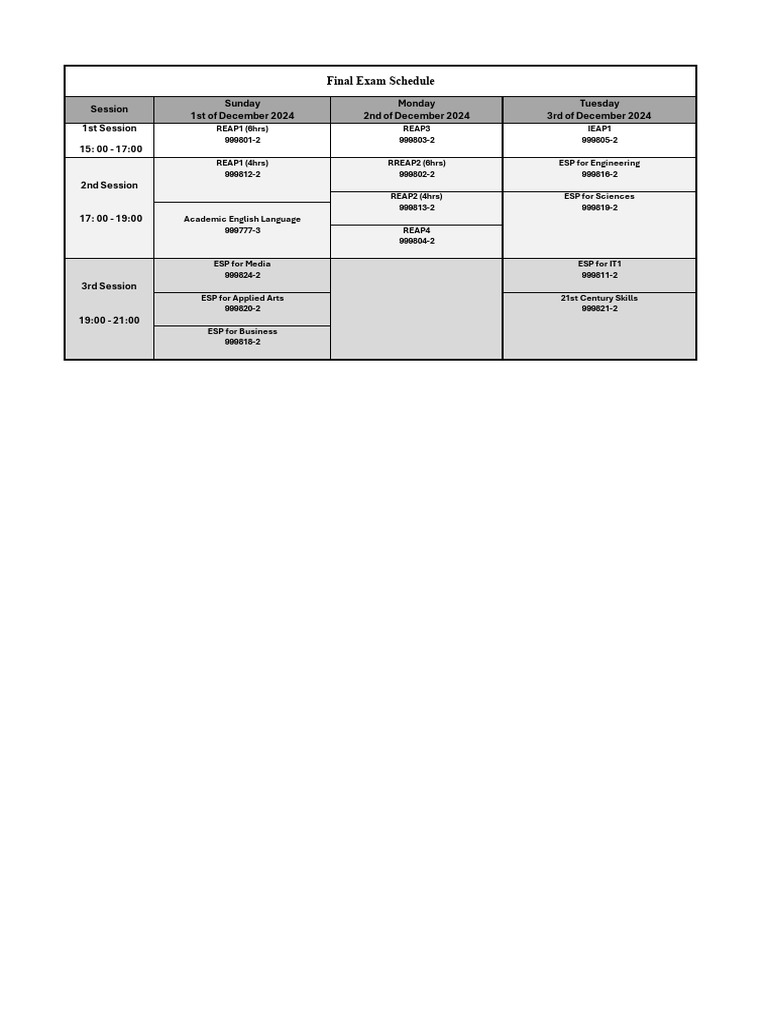 Final Exam Schedule | PDF