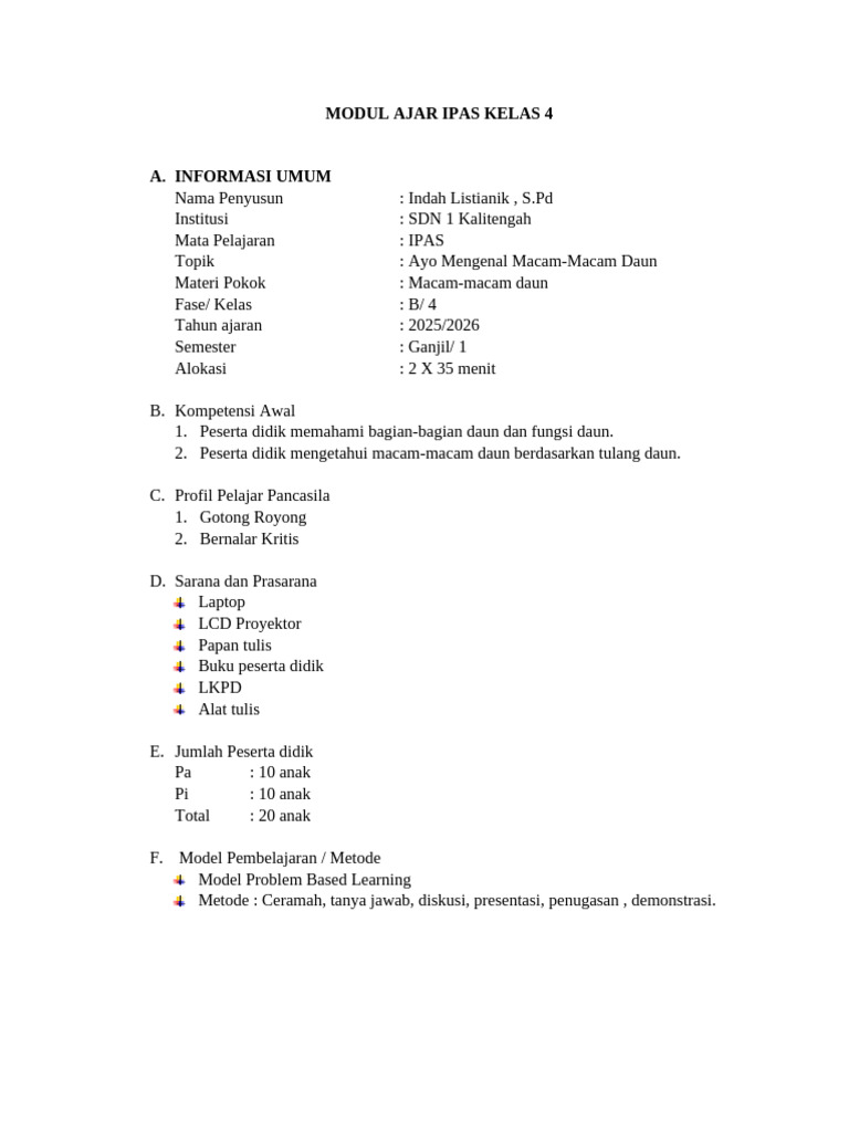 Modul Ajar IPAS Kelas 4: Macam Daun | PDF
