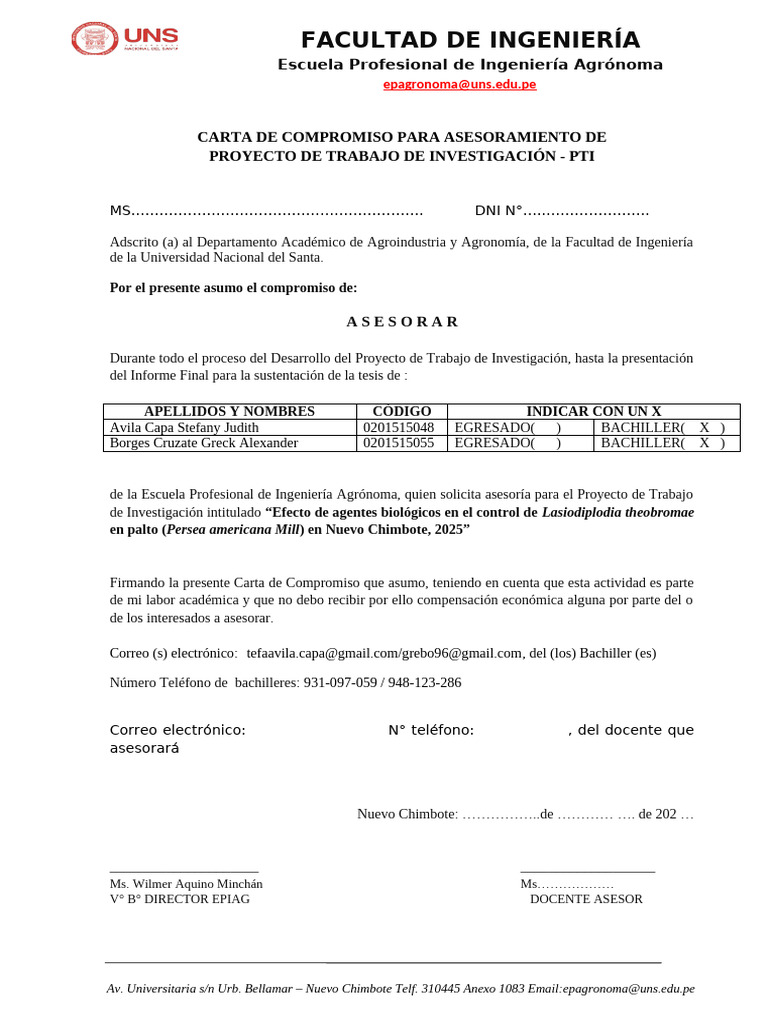 Formato Carta Compromiso para Asesor de Pti | PDF