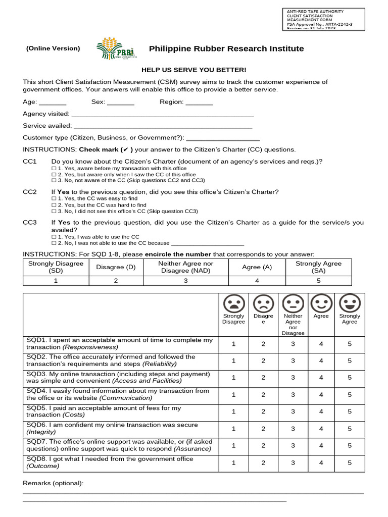 ARTA MC 2022 05 Annex A. CSM Questionnaire 1 1 | PDF