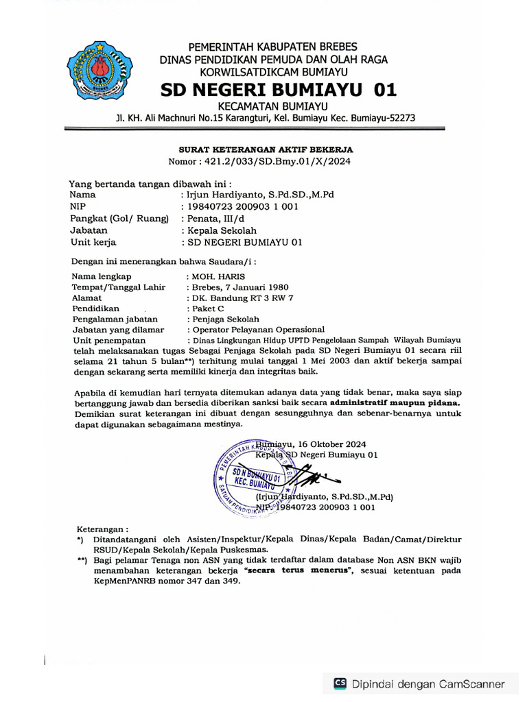 Surat Aktif Bekerja Moh. Haris | PDF