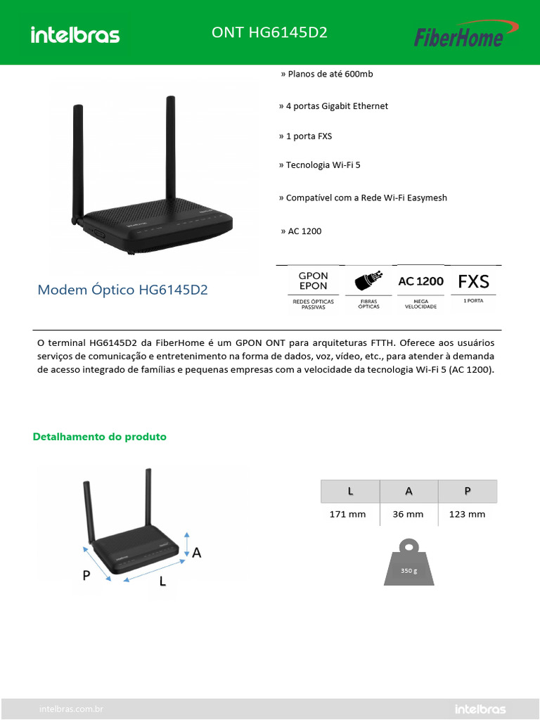 Modem Óptico HG6145D2: Especificações e Recursos | PDF | Wi-Fi | Ethernet