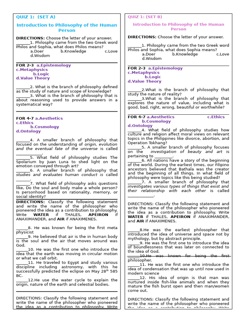 Philosophy Quiz: Concepts & Thinkers | PDF | Liberal Arts Education ...