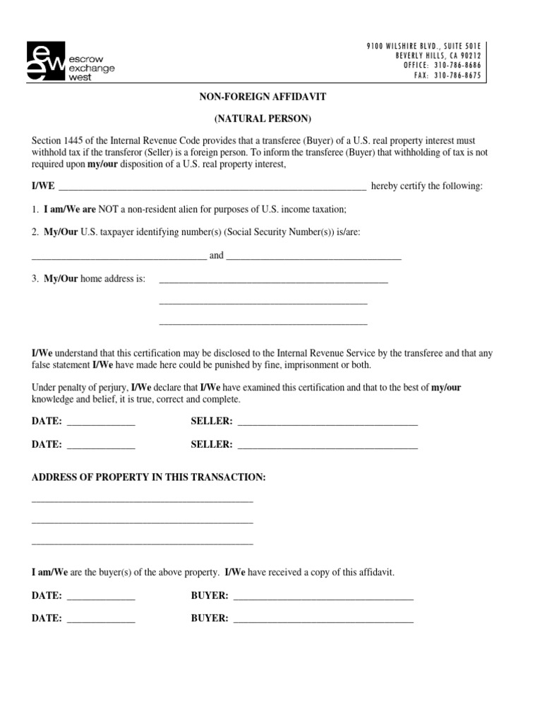 Non-Foreign Affidavit of Buyer | PDF | Taxes | Affidavit