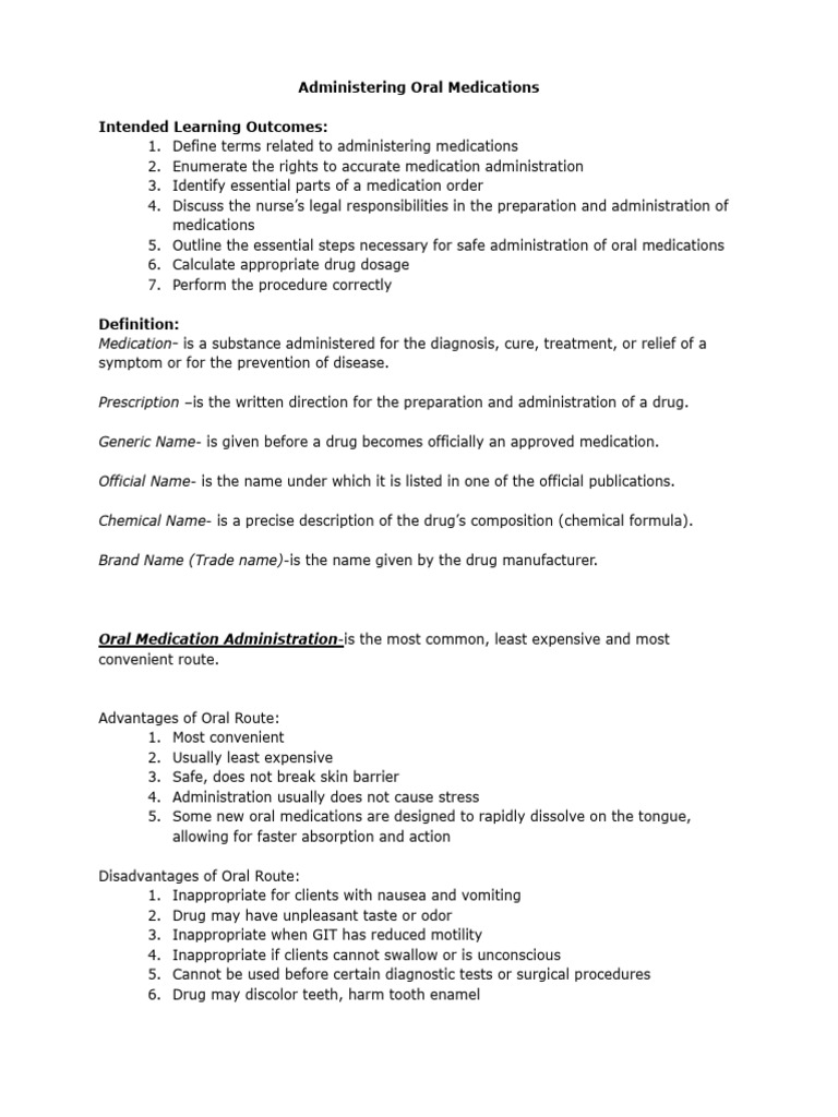 Administering Oral Medications | PDF | Tablet (Pharmacy) | Medical ...
