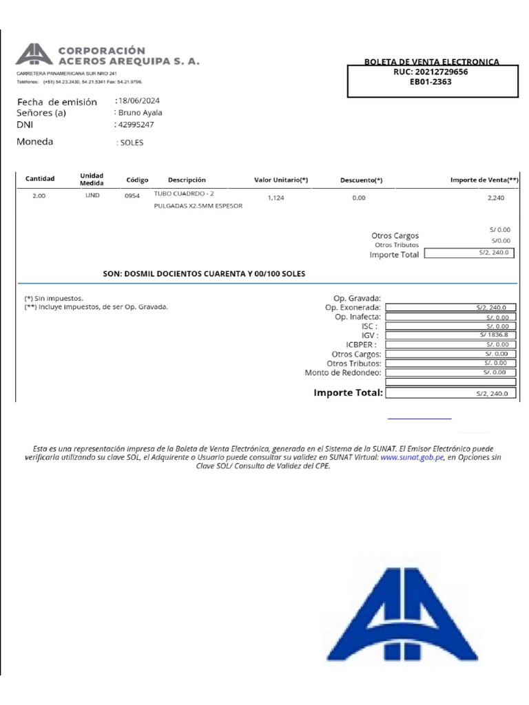Boleta Aceros Arequipa Boleta de Compras | PDF
