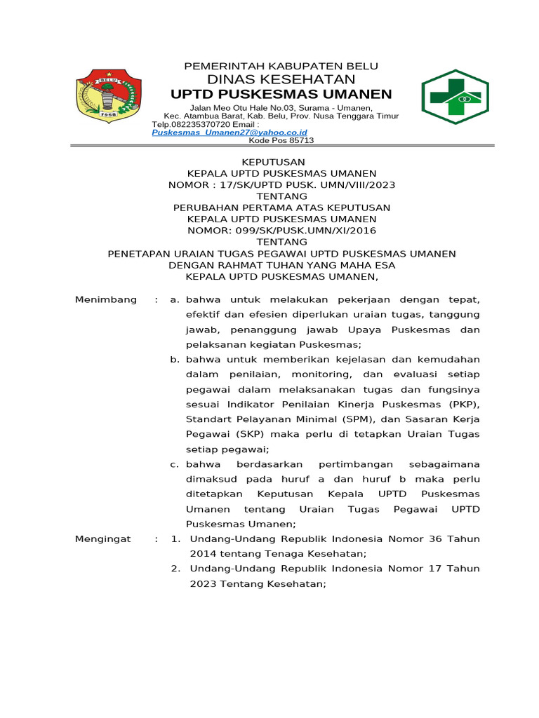 Contoh SK Penetapan Uraian Tugas Pegawai | PDF