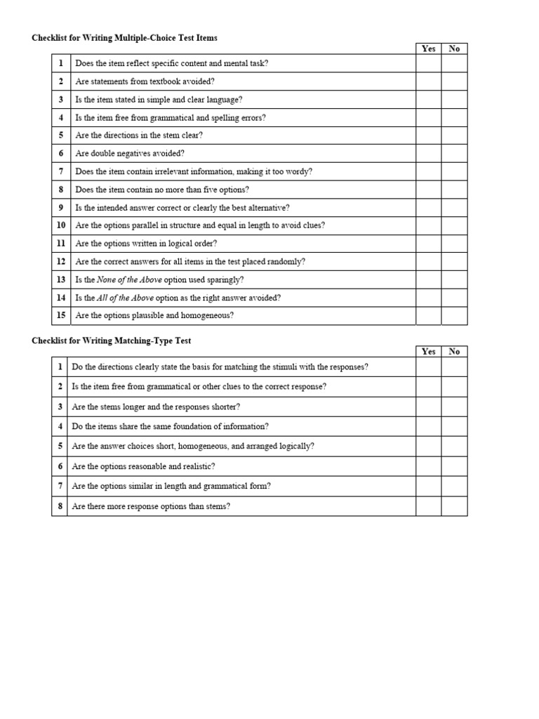 Test Item Writing Checklist | PDF | Multiple Choice | Cognition