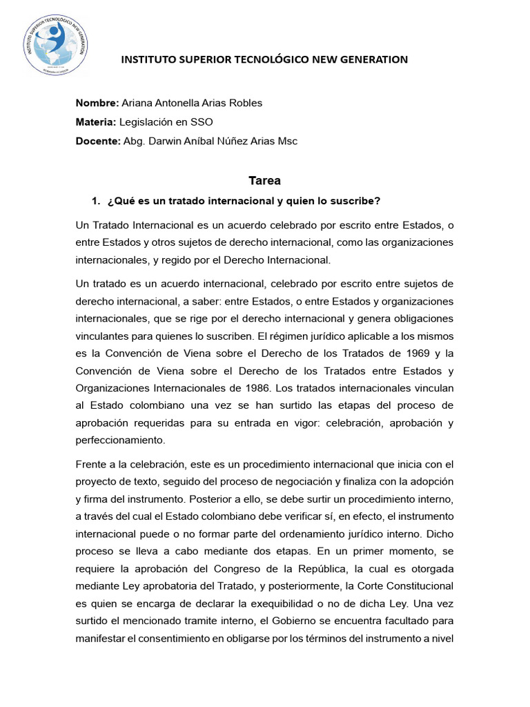 Tarea Lesgilación Sso Tratado Internacional - Ariana Arias Robles | PDF ...
