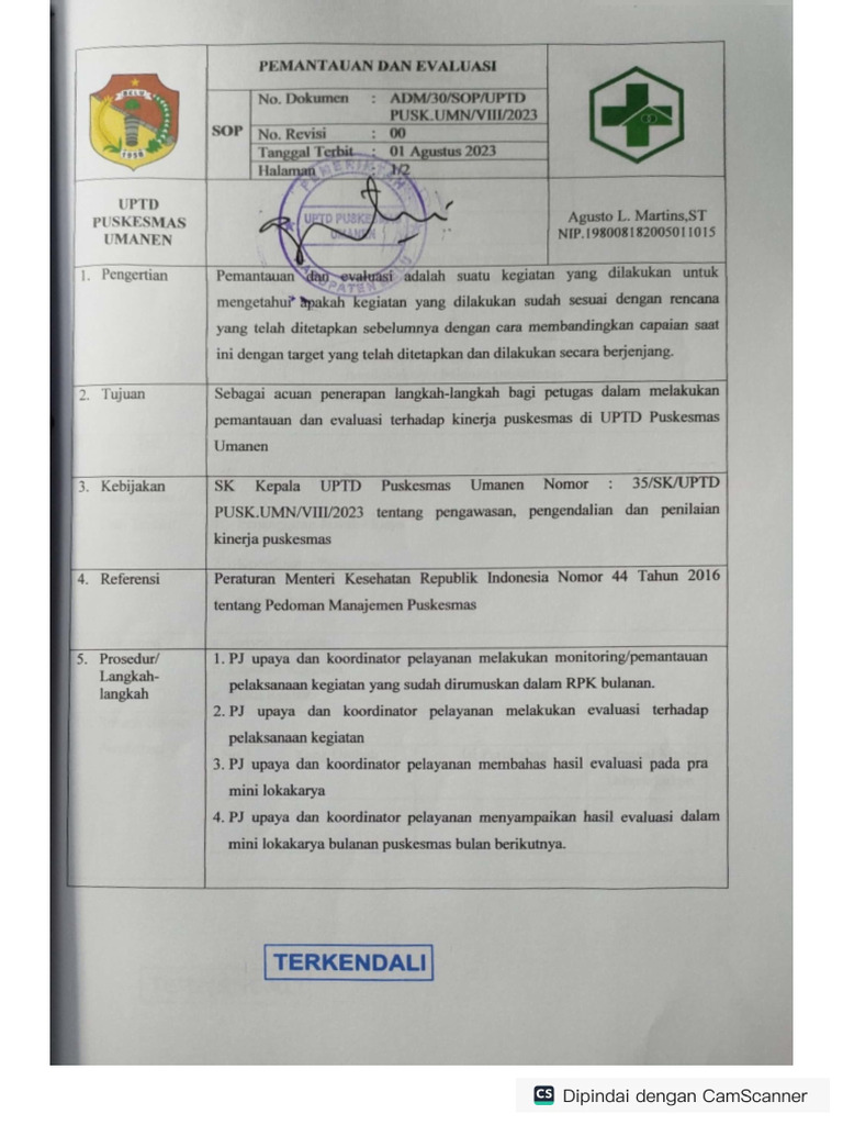Contoh SOP PEMANTAUAN DAN EVALUASI New Puskesmas | PDF