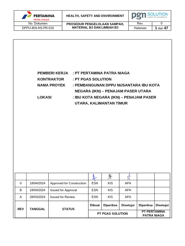 DPPU-IKN-HS-PR-019 Prosedur Pengelolaan Sampah, Material B3 Dan Limbah B3 Rev 0 | PDF