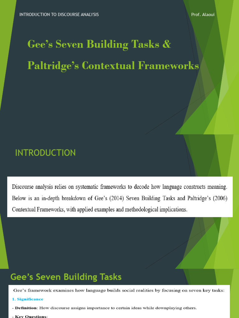 Gee's Seven Building Tasks Paltridge's Contextual Frameworks | PDF