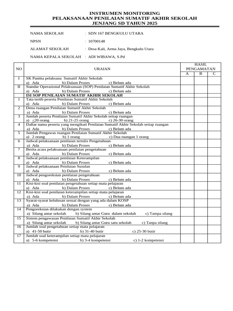 INSTRUMEN MONEV 2025 SD[1] | PDF
