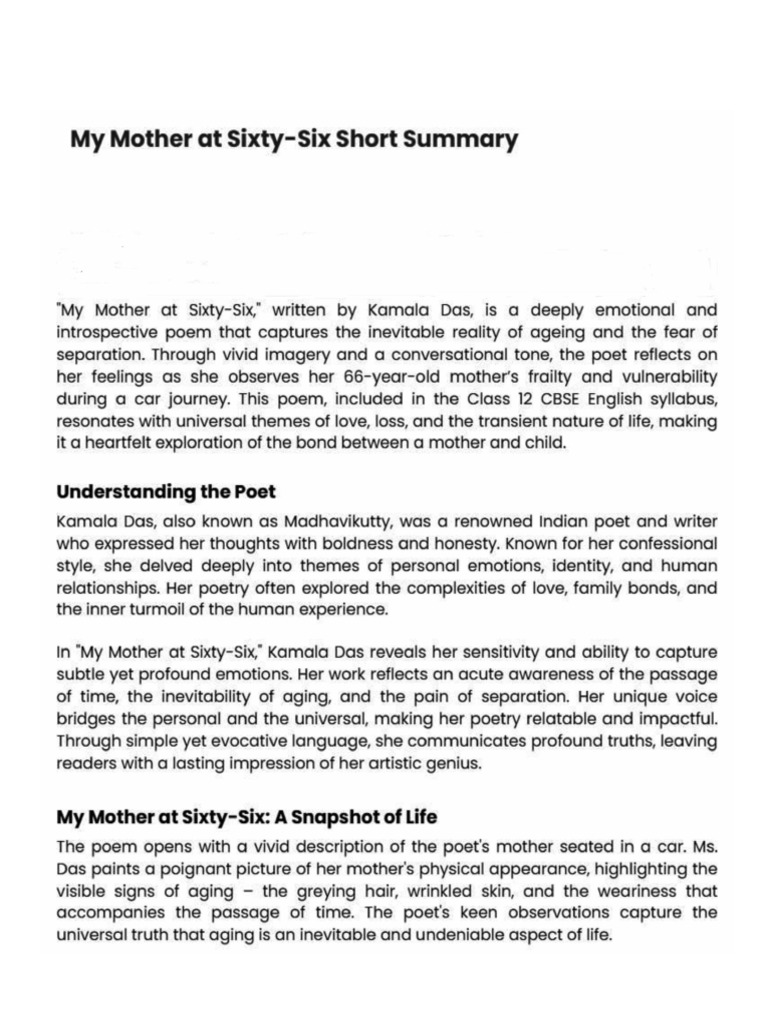My Mother at Sixty-Six Short Summary | PDF