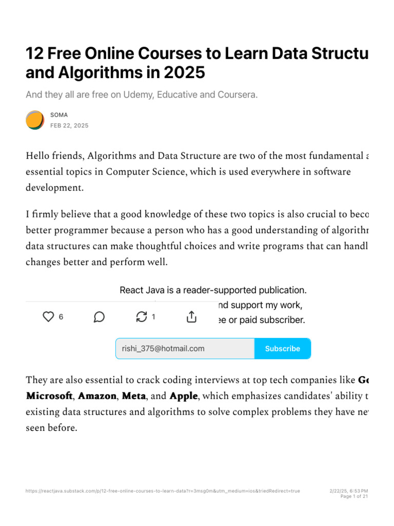 12 Free Online Courses To Learn Data Structure and Algorithms in 2025 | PDF | Computing ...