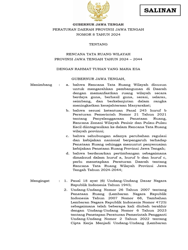 Perda RTRW Jateng 2024-2044 | PDF