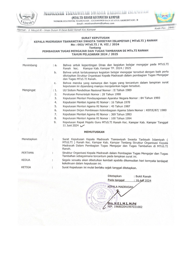 SK Pembagian Tugas Mengajar Dan Tugas Tambahan | PDF