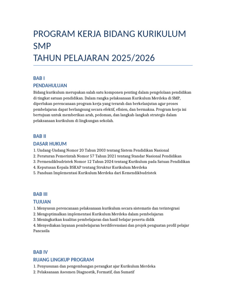 Program Kerja Kurikulum SMP Kurikulum Merdeka | PDF