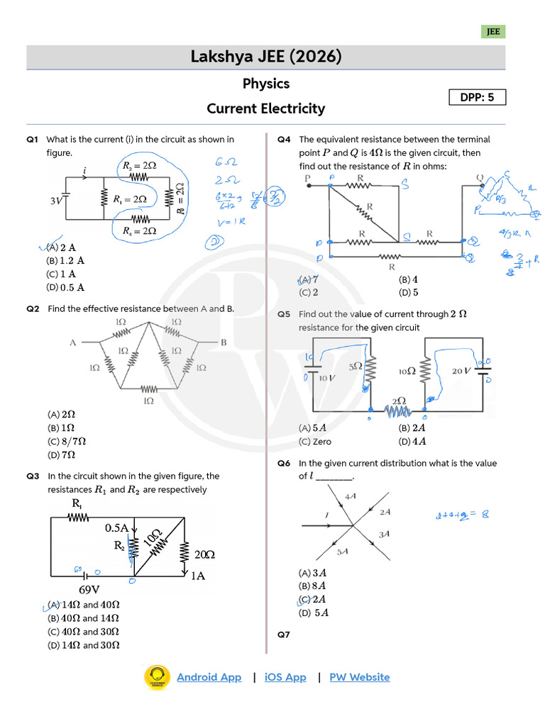 Current Electricity - DPP 05 (Of Lec 07) - Lakshya JEE 2026 | PDF | Metrology | Physical Quantities