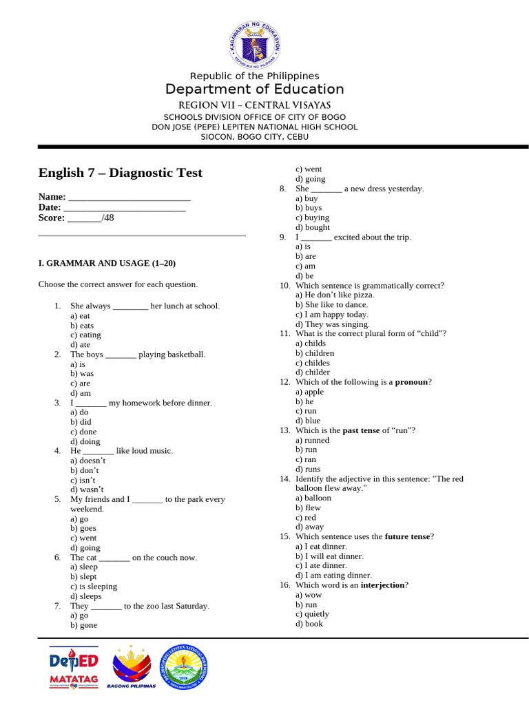 English 7 Diagnostic Test Philippines | PDF | Syntax | Linguistic ...