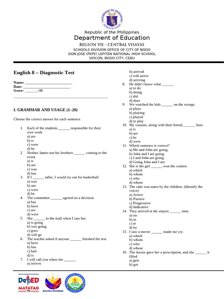 Diagnostic Test in English 8 | PDF | Part Of Speech | Grammar