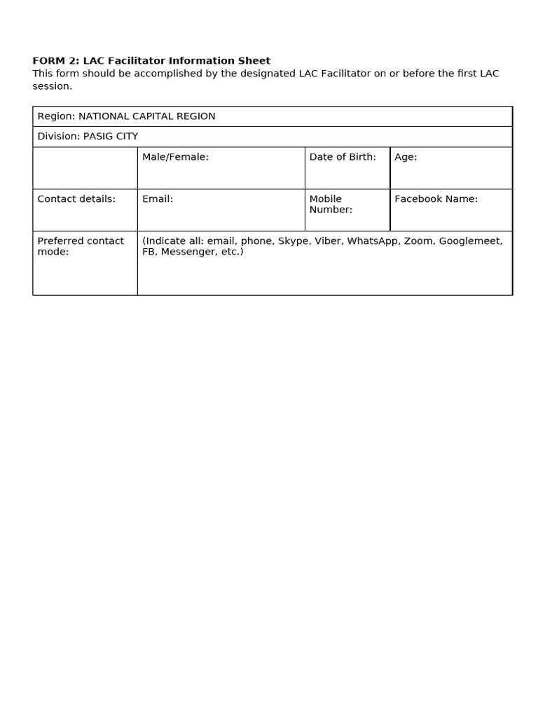 Form 2. LAC Facilitator Information Sheet | PDF