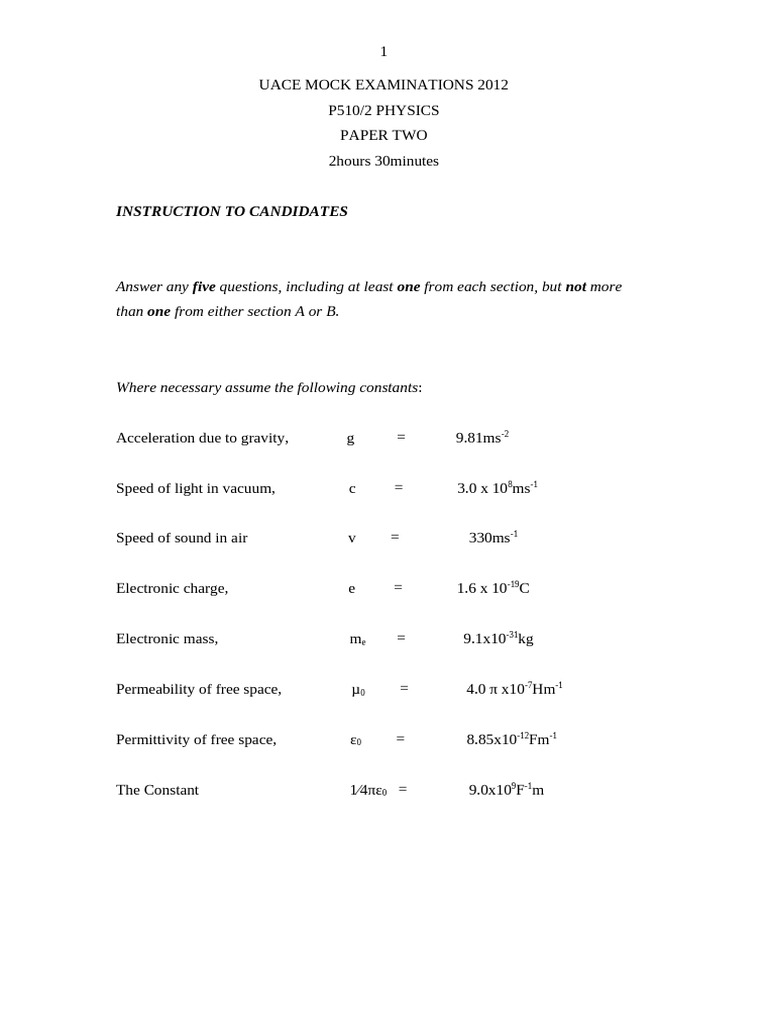 UACE 2025 Physics Mock Exam Paper 2 | PDF | Capacitor | Diffraction