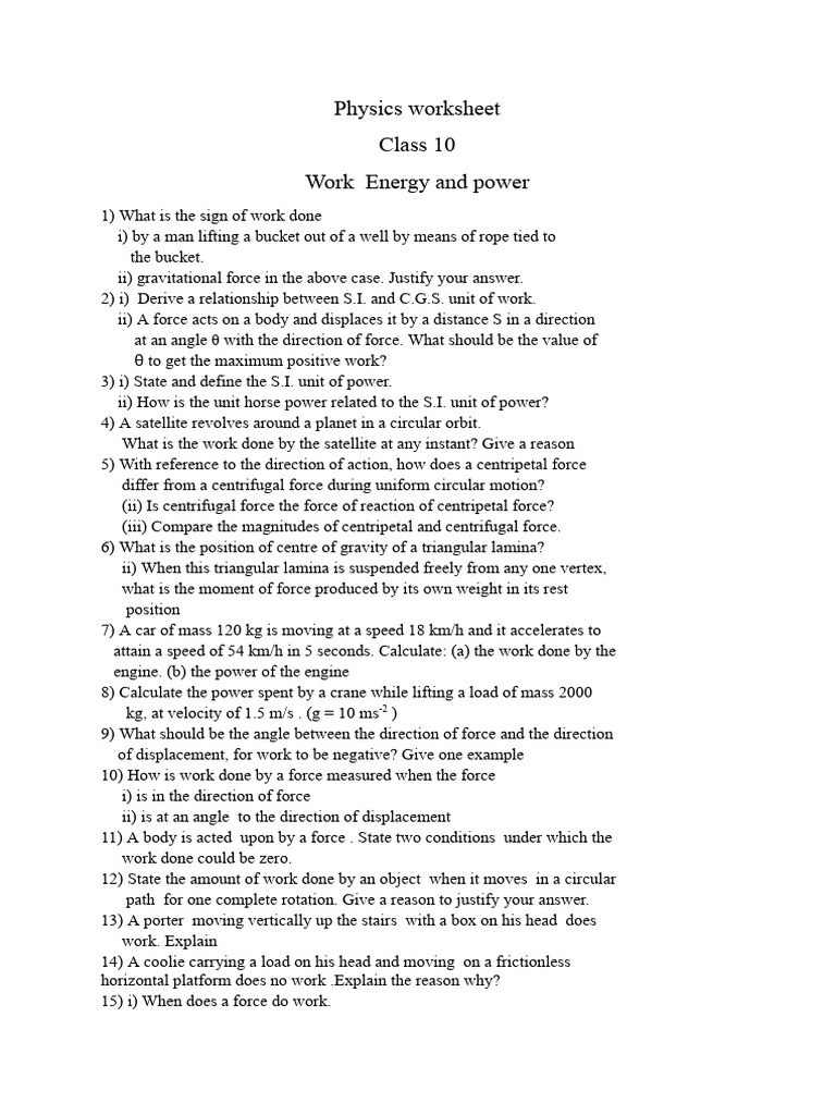 Work, Energy and Power Worksheet - Holiday HW | PDF | Force | Quantity