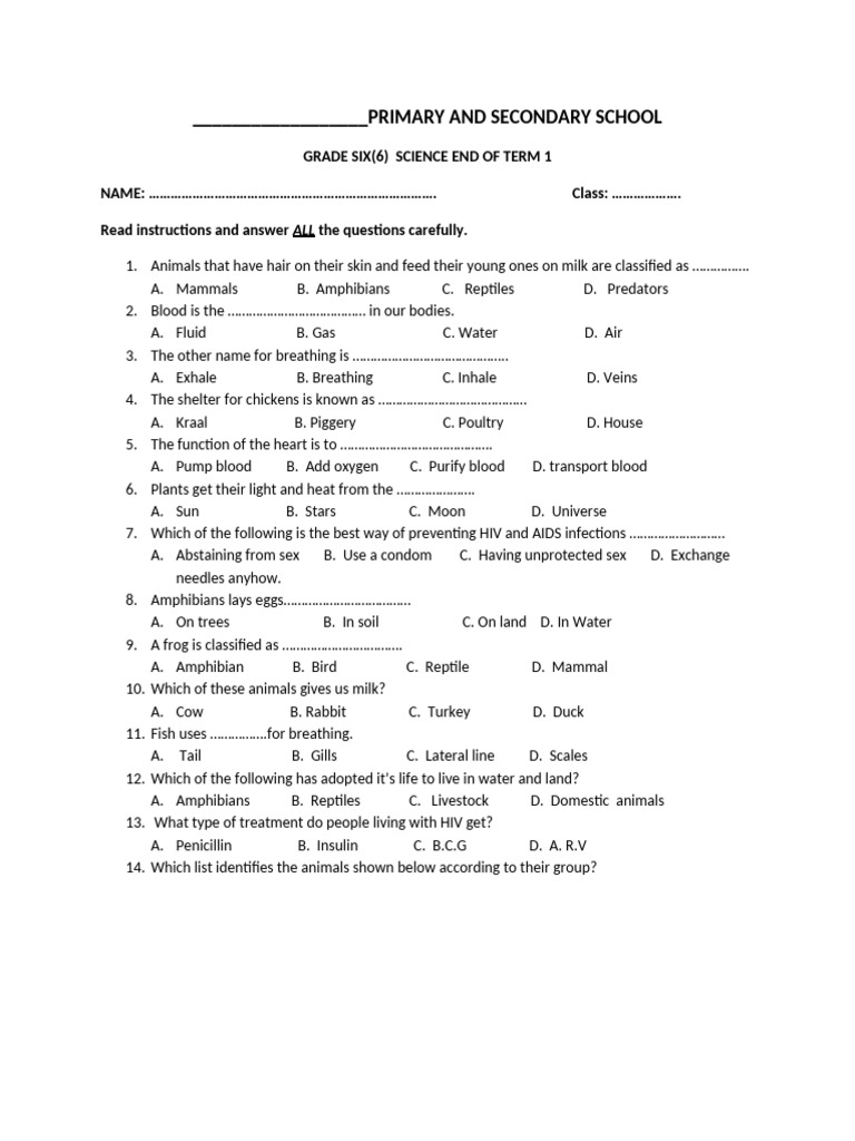 g6 Science Term 1 Test 2022 | PDF | Amphibian | Reptile