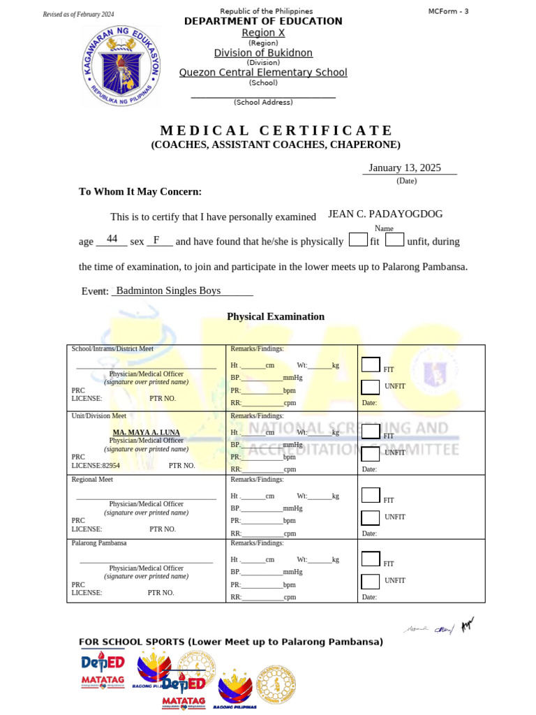 Medical For Coaches Asst Coaches Chaperones - v2024 | PDF | Health ...