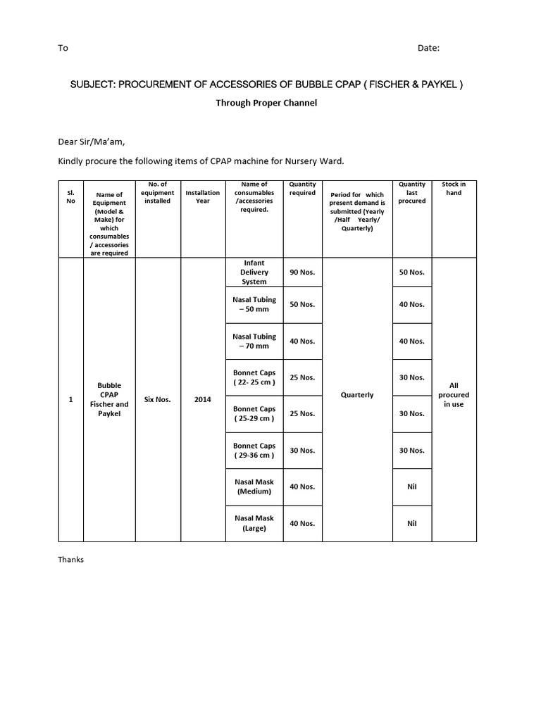 CPAP Machine Procurement Letter Sample | PDF