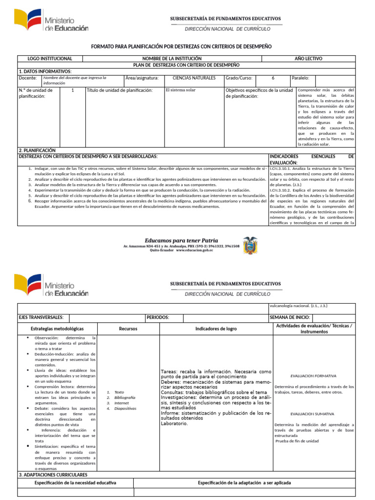 Formato Plan Destreza 6 Egb - 2016 - 2017 CCNN | PDF | Plan de estudios | Evaluación