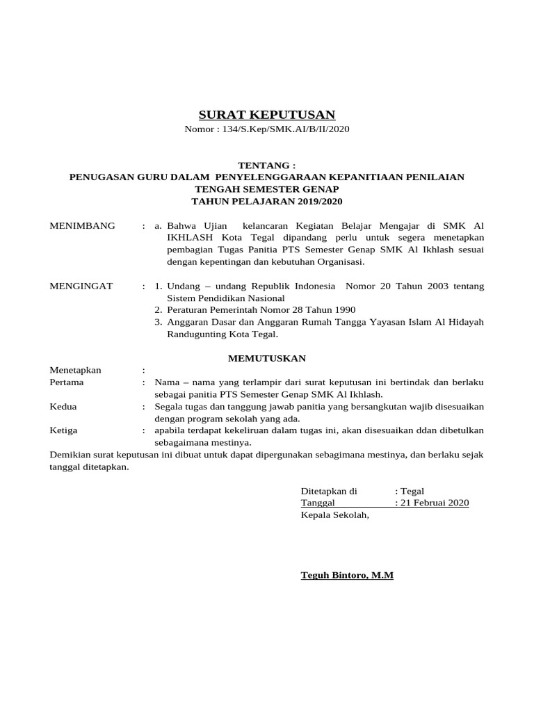 Surat Keputusan Pts 2020 | PDF