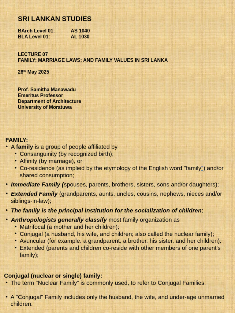 Lect 07 Sri Lankan Family | PDF | Family | Marriage