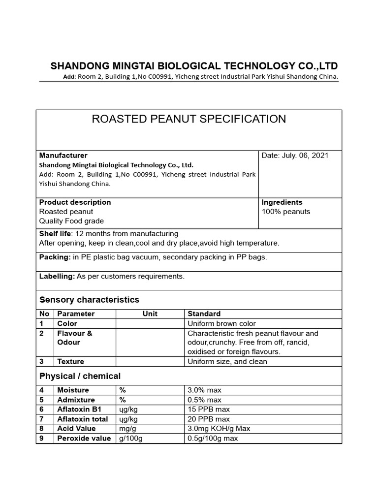 Specification For Roasted Peanut | PDF