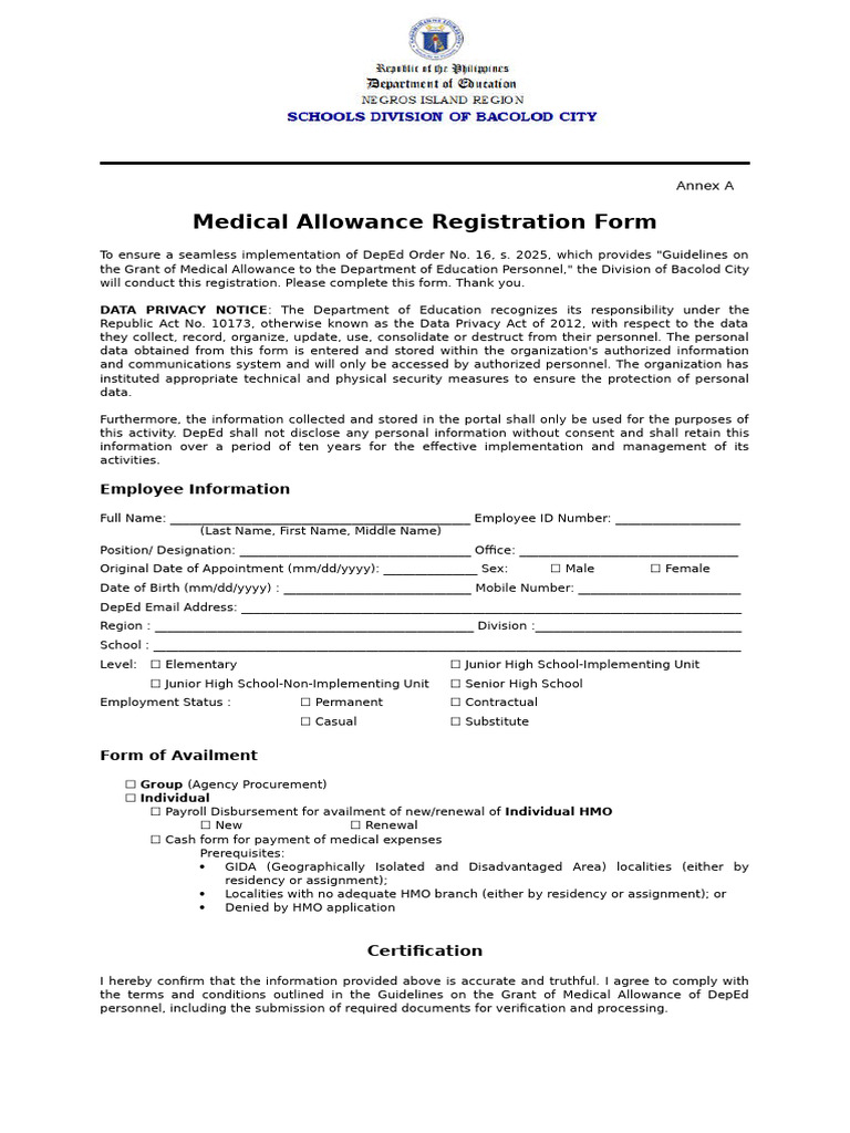 Medical Allowance Registration Form | PDF