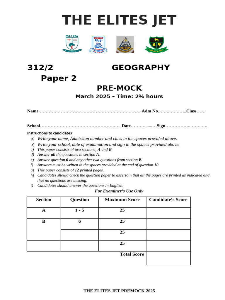 Geography PP2 Elite Jet Premock 2025 | PDF | Kenya | Natural Environment